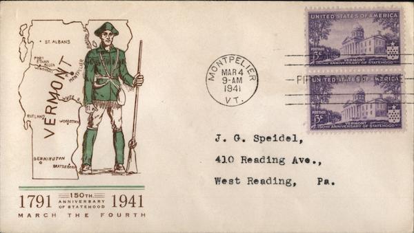Vermont: 150th Anniversary of Statehood, 1791-1941 First Day Cover