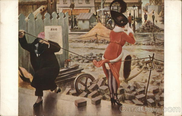 Man Inadvertently Lifting Woman's Skirt with Rope Artist Signed