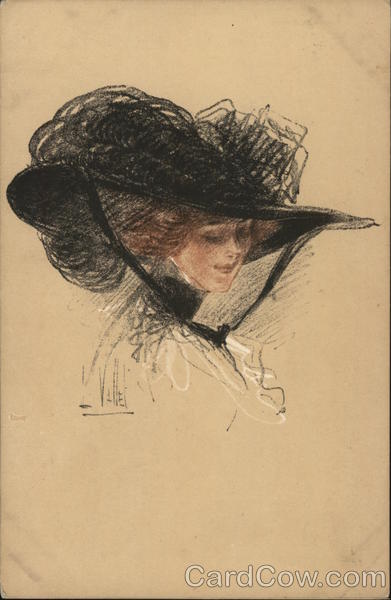 Woman in Large Black Hat Artist Signed