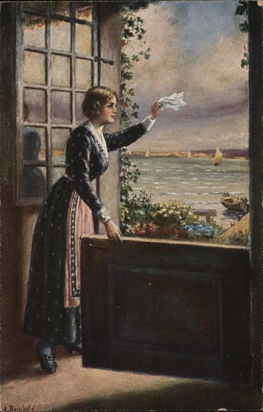Woman at Window Waving White Handkerchief at Ships Women