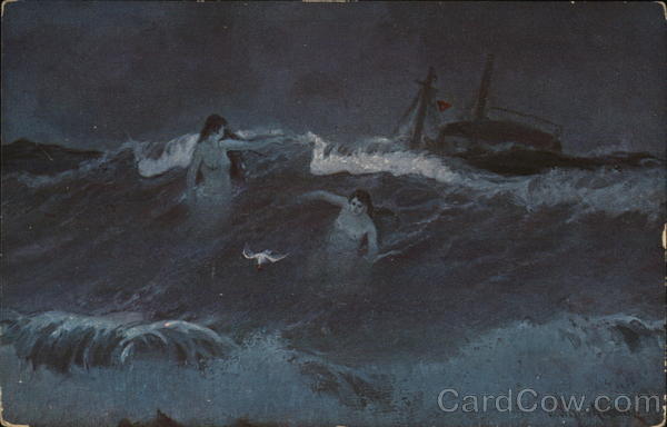 Two Mermaids in Water Near Shipwreck Art