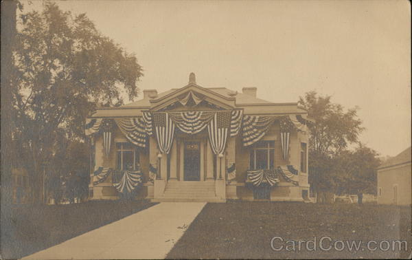 Public Library, Decorated with Patriotic Flags Lebanon, NH Postcard