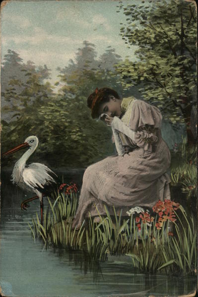 Woman Crying at Pond with Stork Women