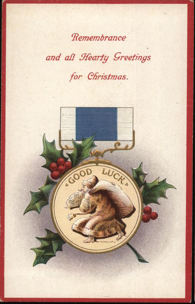 Good Luck Santa on a Military Medal with Holly Santa Claus Postcard