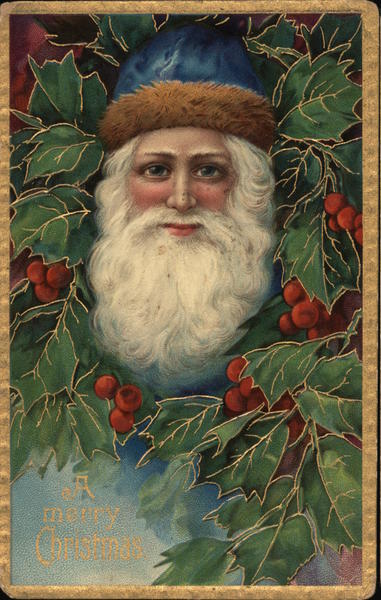 A Merry Christmas - Santa in Blue Santa Claus Postcard