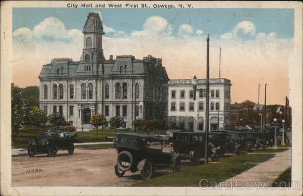 City Hall and West First St. Oswego, NY Postcard