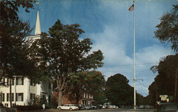 Main Street, Looking North "At the Flagpole" Newtown, CT Postcard