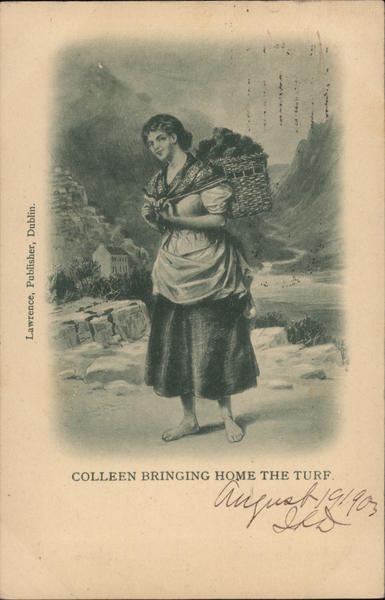 Colleen bringing home the turf Irish Postcard