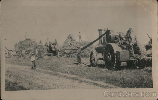 Farmers During Harvest, Steam Tractor Farming Postcard