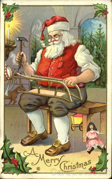 Santa making sled smoking pipe Santa Claus
