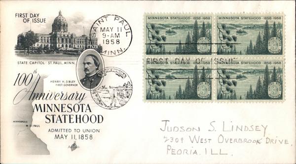100th Anniversary Minnesota Statehood Block of Stamps First Day Covers ...