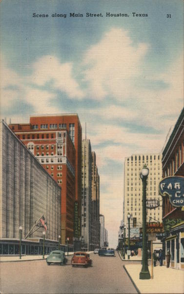 Scene along Main Street Houston, TX Postcard