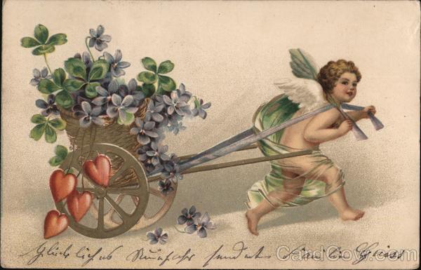An Angel Pulling a Cart of Flowers Cupid Postcard