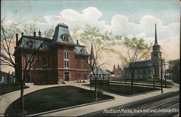 Town Hall and Unitarian Church Hudson, MA Postcard