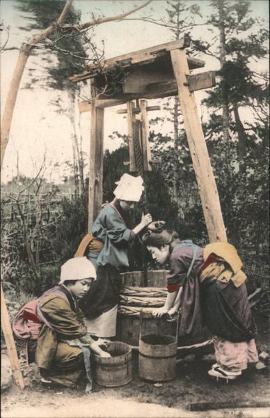 Women in Kimonos Gathering Water from a Well Japan Postcard