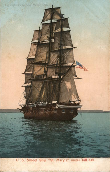 U.S. school ship "St. Mary's" under full sail Boats, Ships Postcard