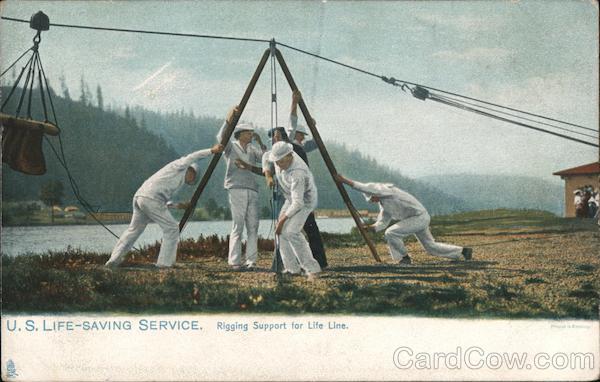 US Life-Saving Service. Rigging support for life line Military Postcard