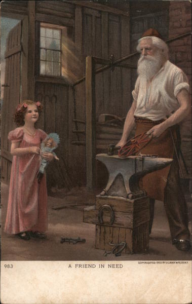 Santa Blacksmith Fixing Child's Toy: A Friend in Need Santa Claus Postcard