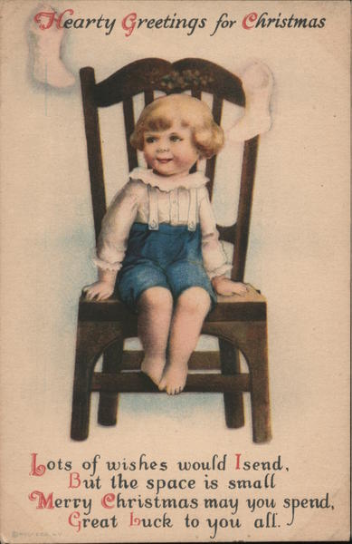 Hearty Greetings for Christmas - smiling child seated on chair Children Postcard