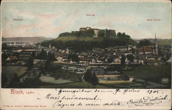 Illustration of three landmarks in Bitche France Postcard