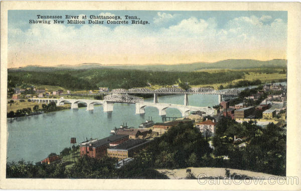 Tennessee River Showing New Million Dollar Concrete Bridge Chattanooga, TN