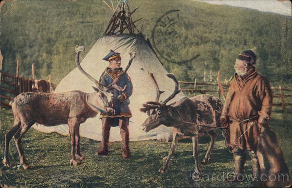 Saami Men with Lavvo and Reindeer Norway Postcard