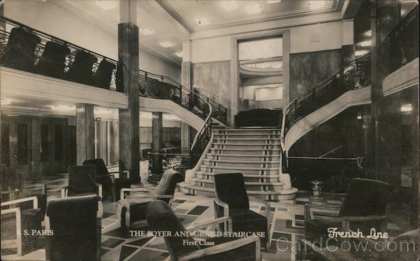 S.S. Paris, Foyer and Grand Staircase, First Class Interiors Postcard