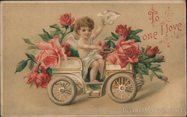 Cupid in car with flowers Postcard