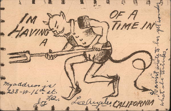 The drawing of the devil with a pitchfork Devils Postcard