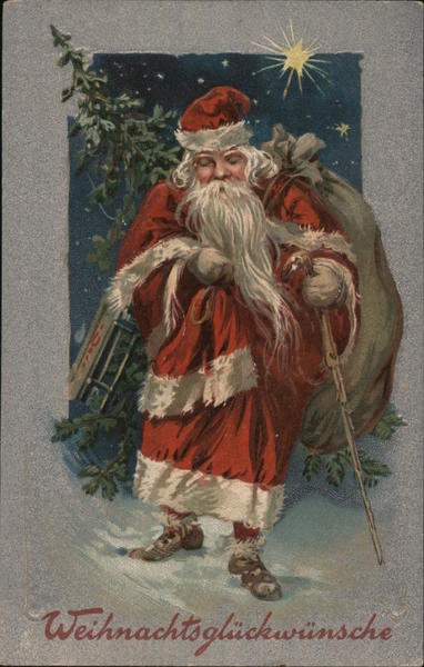 Santa Claus walking with a cane and a bag of toys on his back Postcard