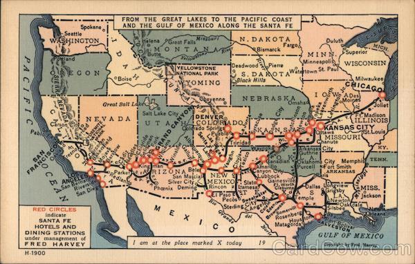 Santa Fe Hotels and Dining Stations - Fred Harvey Maps Postcard