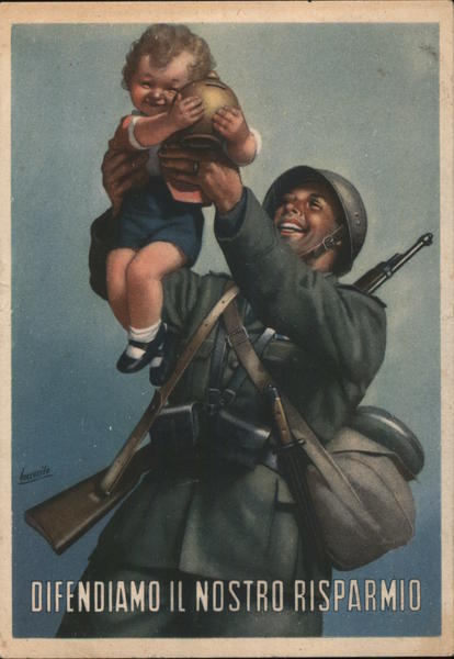 Italian Propaganda WWII, Soldier w Child, "We Defend Our Treasure ...