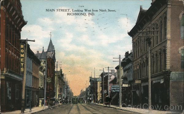 Main Street, Looking West from Ninth Street Richmond, IN Postcard