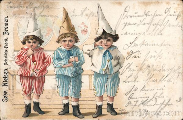 Three Little Boys with Dunce Caps On Children Postcard