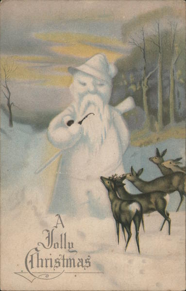 A Holly Christmas - A Snowman with a Pipe Snowmen Postcard