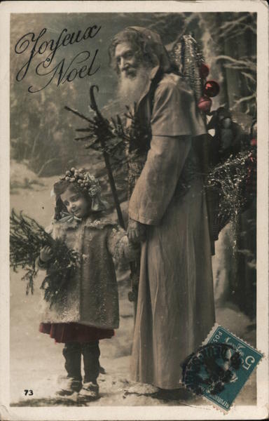 French Santa Holding a Little Girl's Hand in the Snow Santa Claus Postcard