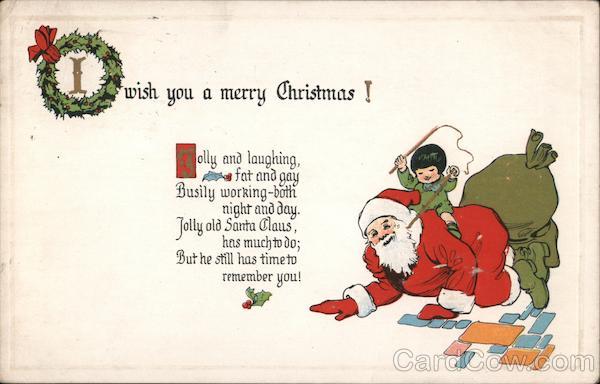 A Baby Riding on Santa's Back Holding a Whip Santa Claus Postcard