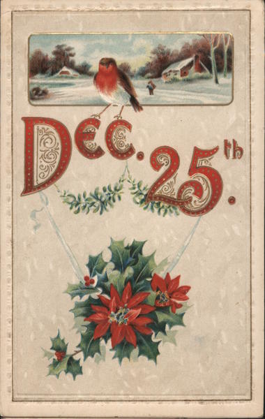 Dec. 25th A Snow Scene with Houses Santa Claus Postcard