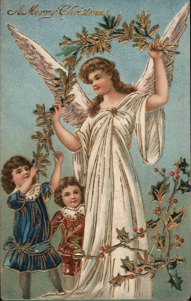 A Merry Christmas -- Angel and Two Children Angels Postcard