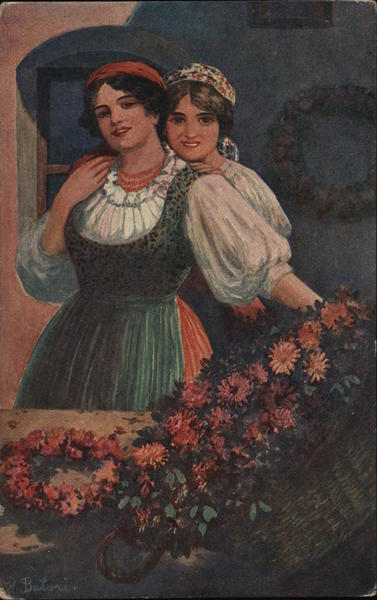 Two Czech girls in native dress with basket of flowers Postcard