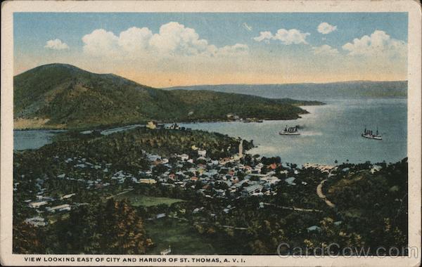 View Looking East of City and Harbor of St. Thomas Virgin Islands Postcard