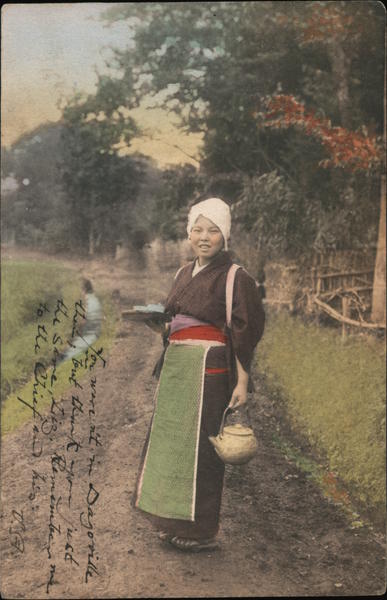 Rural Woman in Traditional Japanese Attire Holding Plate and Teapot ...