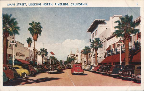 Main Street, Looking North Riverside, CA Postcard
