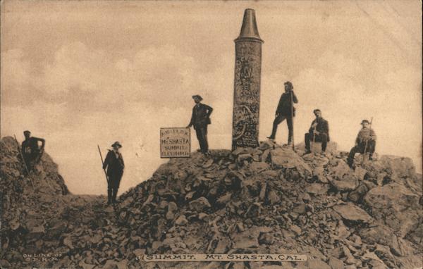 Summit Mt Shasta, Men posing with memorial and sign Mount Shasta, CA ...