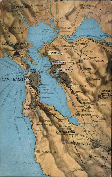 Map of San Francisco Bay Area of California Postcard