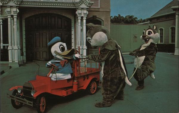Donald Duck Riding in a Small Fire Truck Disney Postcard