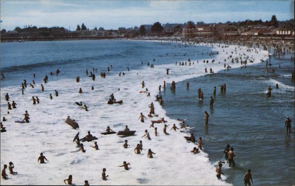 Santa Cruz Beach and Boardwalk, surf, beachgoers California Postcard
