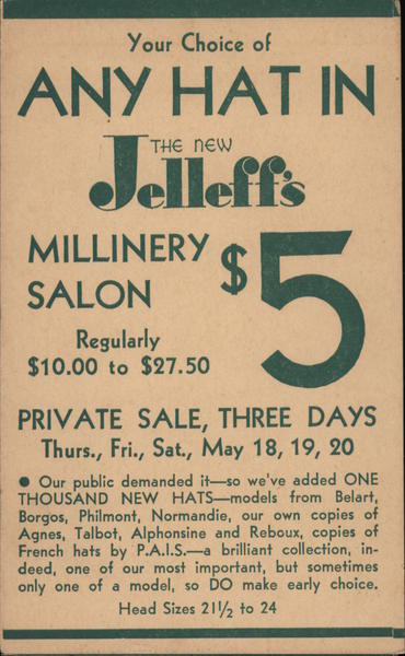 Jelleff's Millinery Salon - Any Hat $5 Advertising Postcard