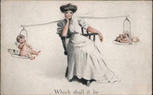 Woman With Imaginary Scale - Balancing Baby or Money - Which Shall It ...