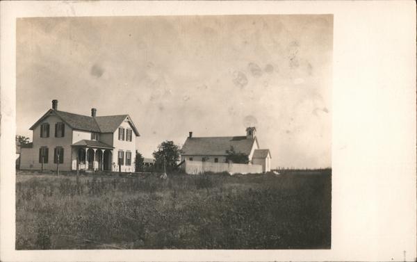 Farmhouse, Schoolhouse and Fields Buildings Postcard